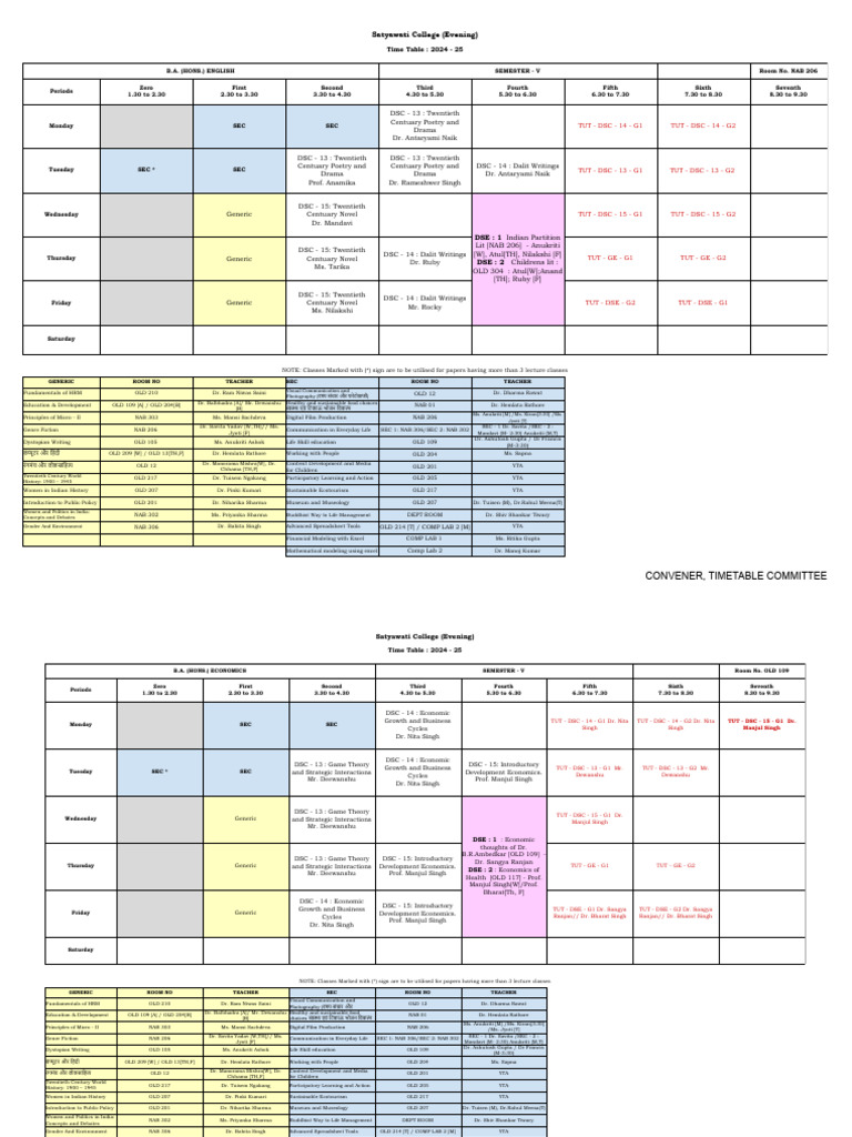 Satyawati College (Evening) : Time Table: 2024 - 25 | PDF