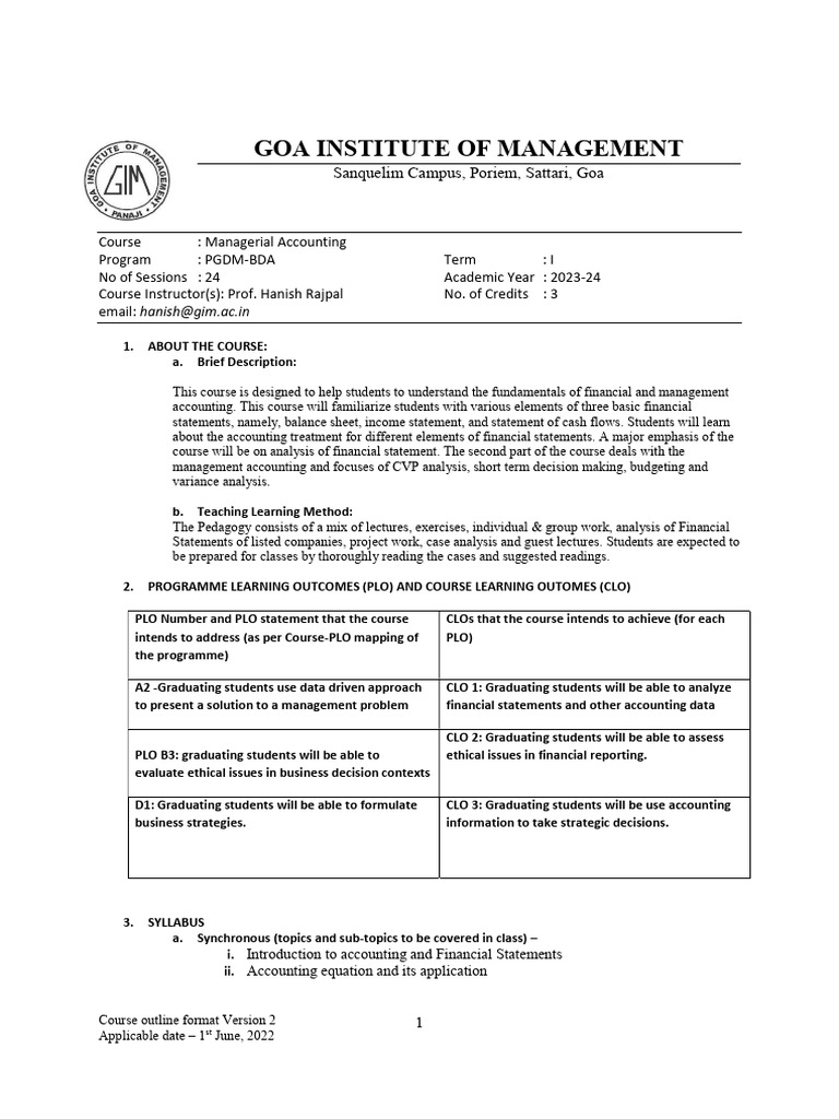 Course Outline-Managerial Accounting | PDF | Income Statement ...