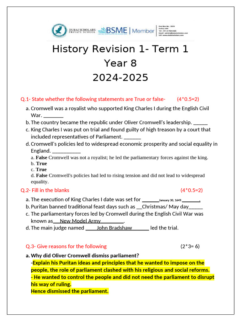YR 8 - REVISION WORKSHEET - Answer Key | PDF | English Civil War ...