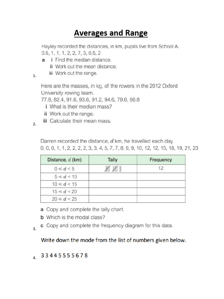 Averages and Range Revision Worksheet. | PDF | Teaching Methods & Materials