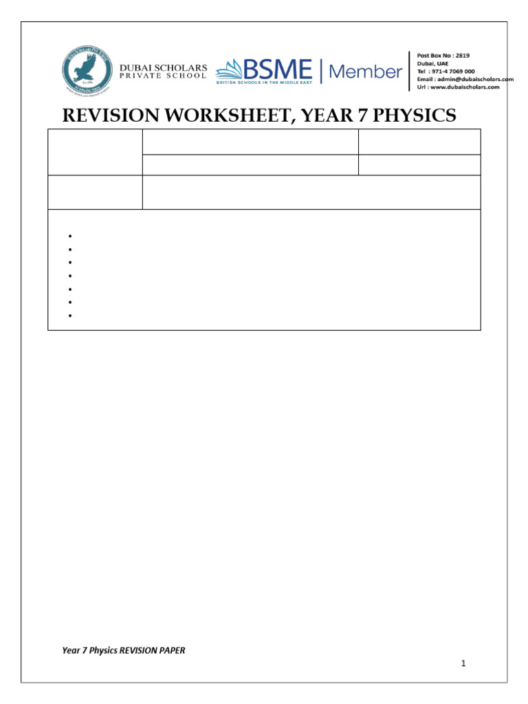 REVISION PAPER 1 - Year 7 Physics | PDF | Sound | Hearing