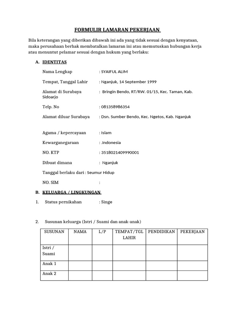 Form Lamaran 1 | PDF