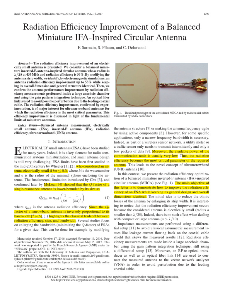 Radiation Efficiency Improvement of A Balanced Miniature IFA-Inspired ...