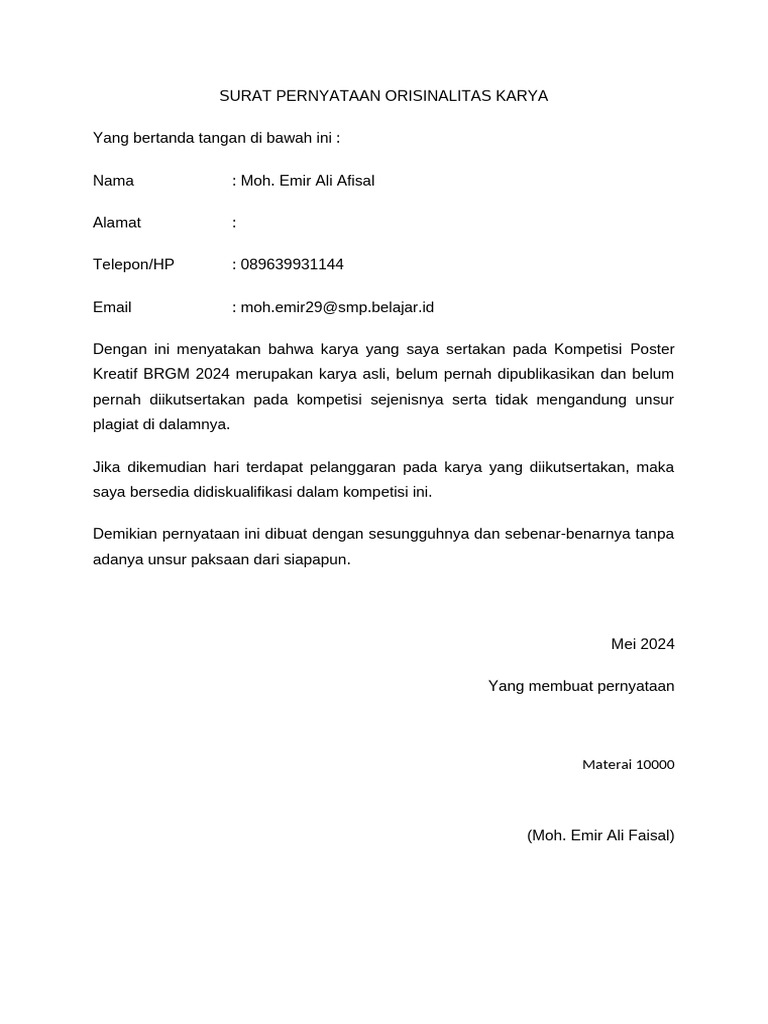 Surat Pernyataan Orisinalitas Karya | PDF