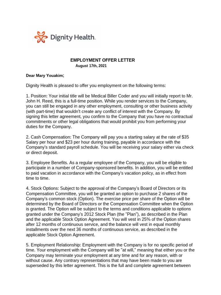 Employment Letter - Dignity 1 1 | PDF | Employment | Option (Finance)