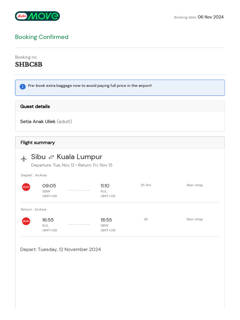 Airticket SBW-KUL-SBW (12.11.2024 - 15.11.2024) | PDF | Fee | Payments