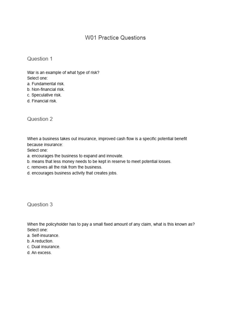 CII W01 Exam Practice Questions | PDF | Insurance | Reinsurance