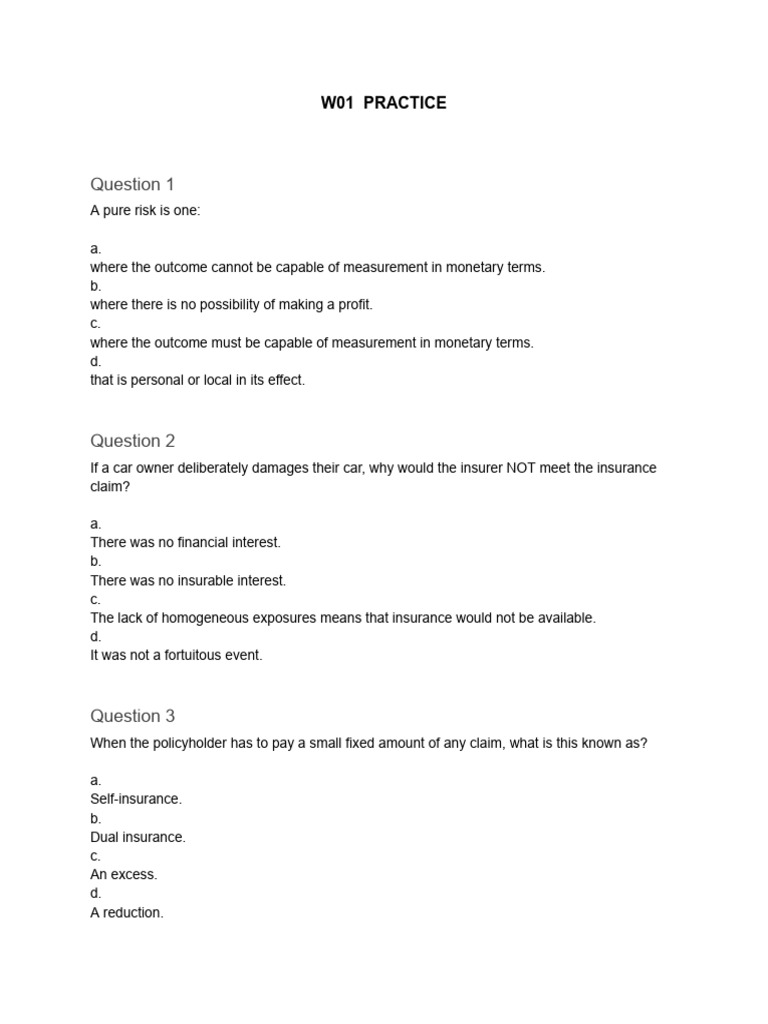 W01, 100 Practice Questions 2023 | PDF | Insurance | Reinsurance