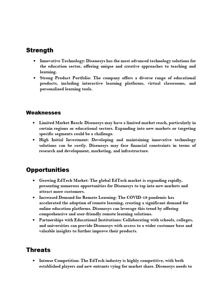 Swot Analysis For Disenosys Edtech Private Limited | PDF | Computers