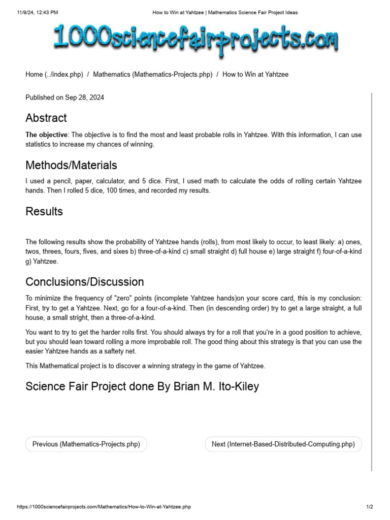 How To Win at Yahtzee - Mathematics Science Fair Project Ideas | PDF ...