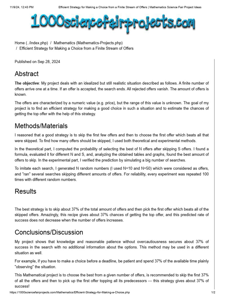 Efficient Strategy For Making A Choice From A Finite Stream of Offers ...