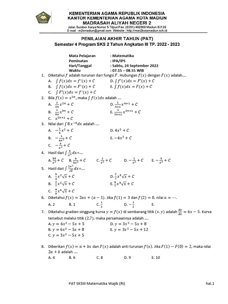 Soal PAT Matematika Wajib SKS III - New2 | PDF