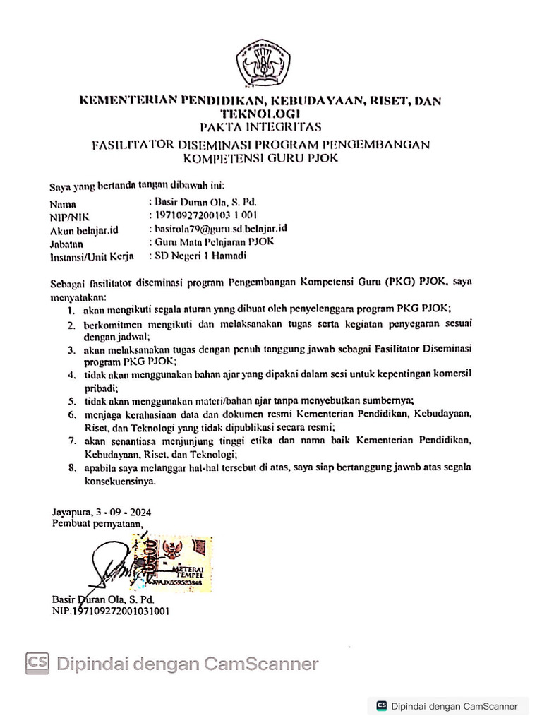 Template Pakta Integritas - Peserta Diseminasi PKG PJOK | PDF