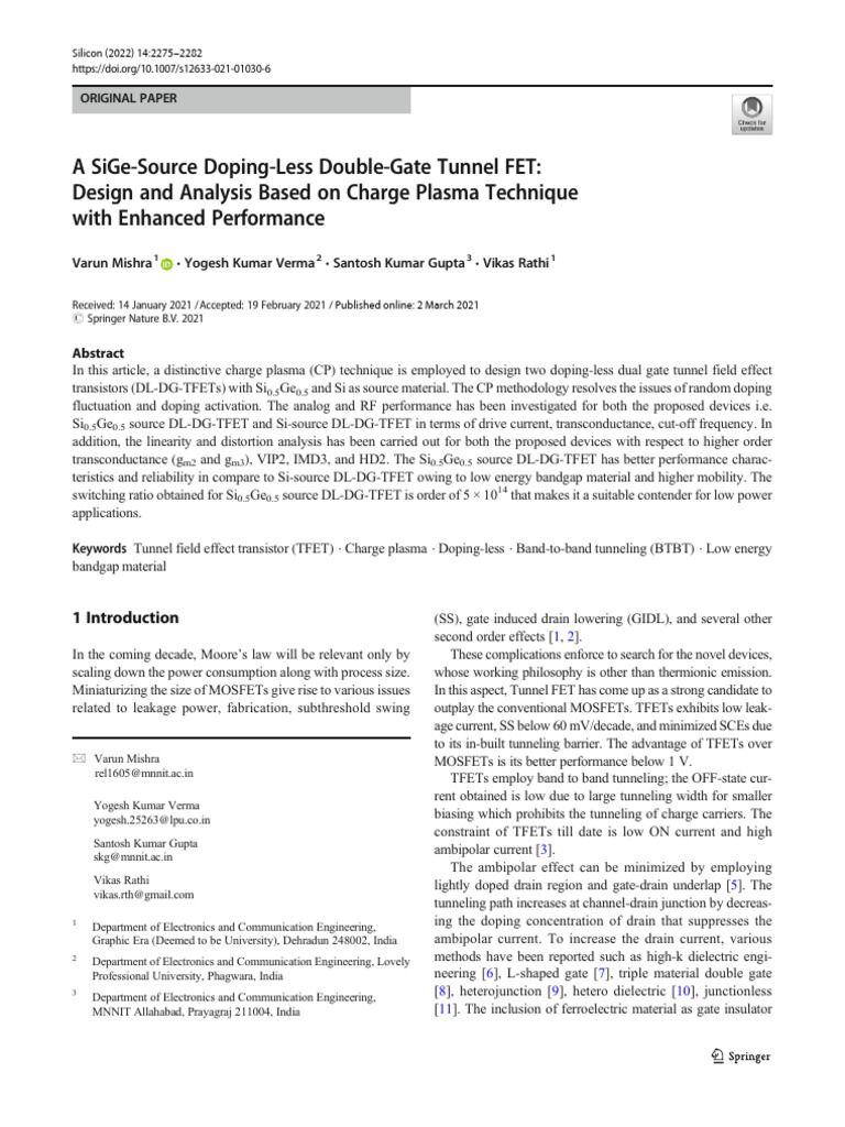 A Sige-Source Doping-Less Double-Gate Tunnel Fet: Design and Analysis Based On Charge Plasma ...