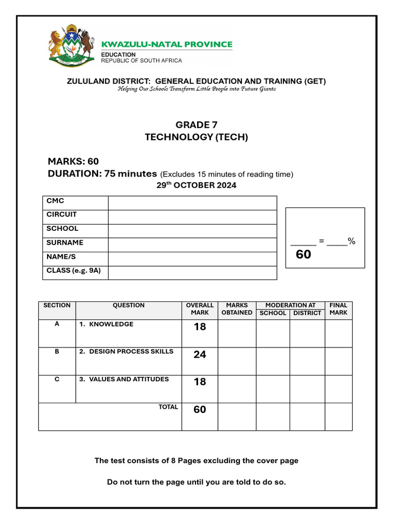 Grade 7 Technology Exam Paper 2024 | PDF | Technology & Engineering