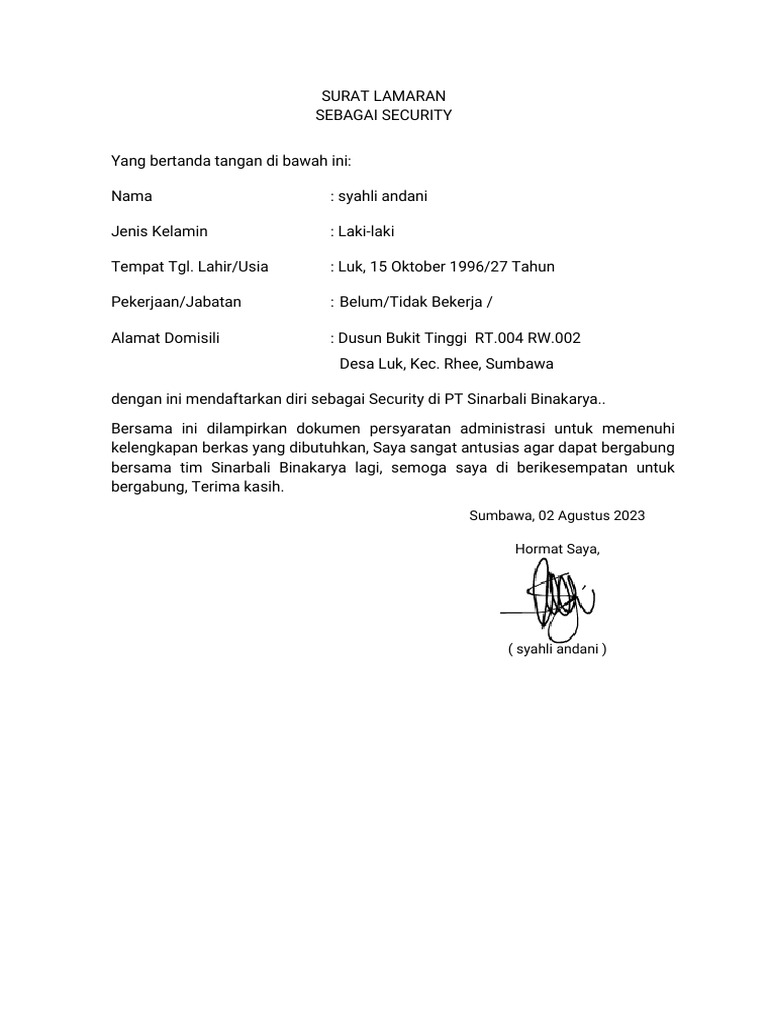 Surat Lamaran Syahli - Security | PDF