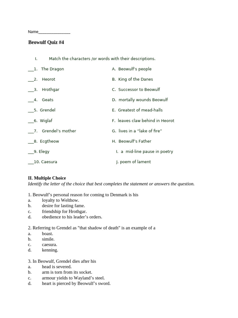 Beowulf Quiz | PDF | Beowulf | Medieval Legends