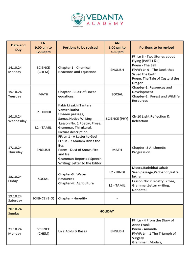 GRADE 10 REVISON SCHEDULE 14.1024 To 06.12.24 | PDF