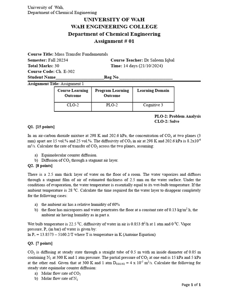 Assignment 1 MTF Fall 2024 | PDF | Diffusion | Atmosphere Of Earth