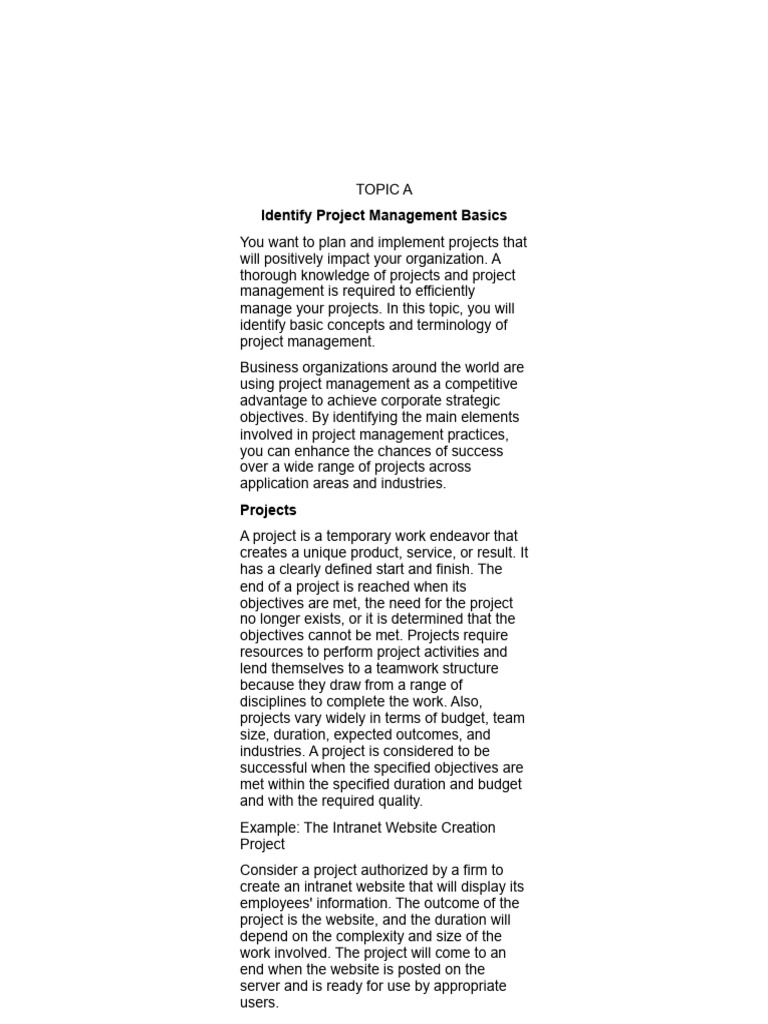 TOPIC A Identify Project Management Basics | PDF | Project Management ...