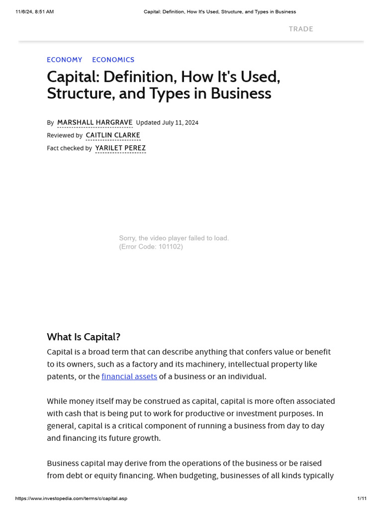 Capital - Definition, How It's Used, Structure, and Types in Business ...