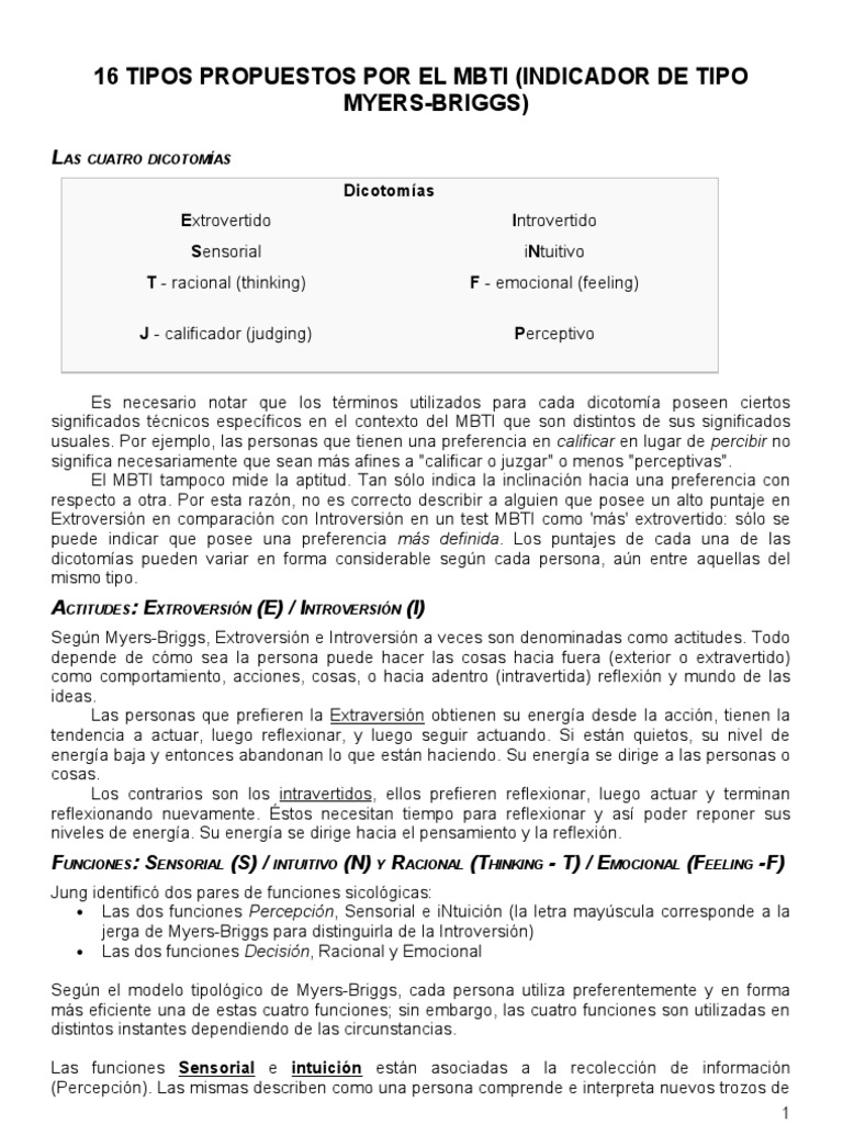 Los 16 tipos de la MBTI | PDF