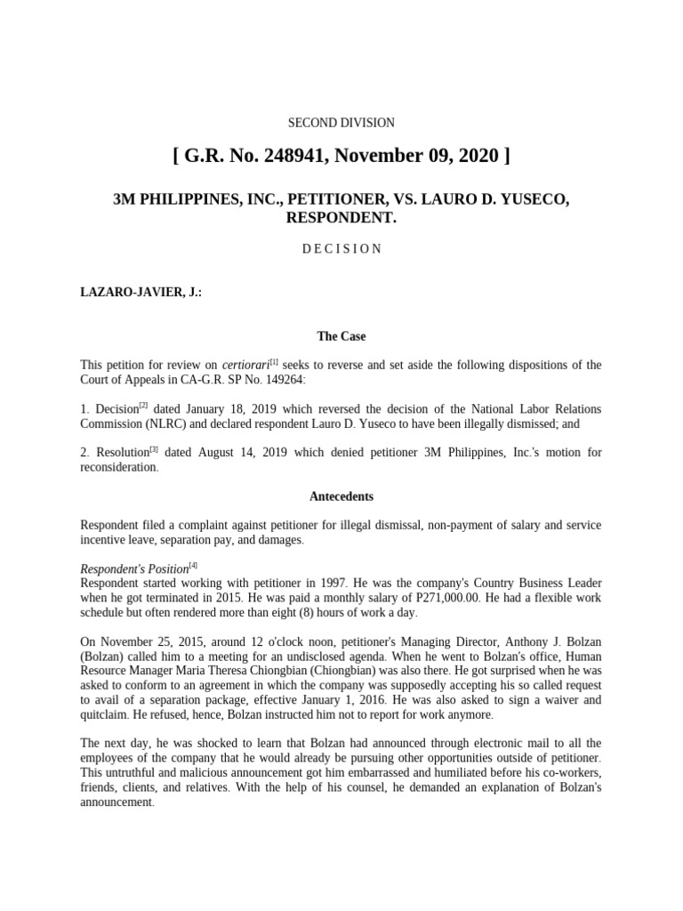 3M Philippines vs. Lauro Yuseco: Dismissal Case | PDF | Layoff | Employment