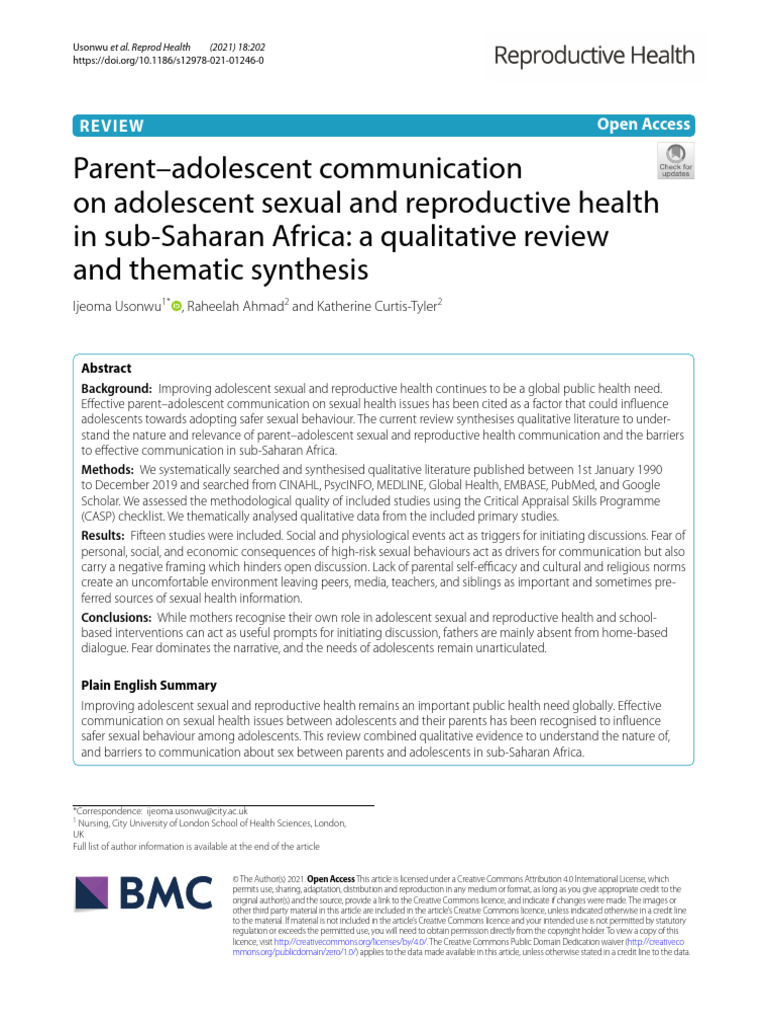 Parent Adolescent Communication On Adolescent Sexual and Reproductive Health in Africa ...