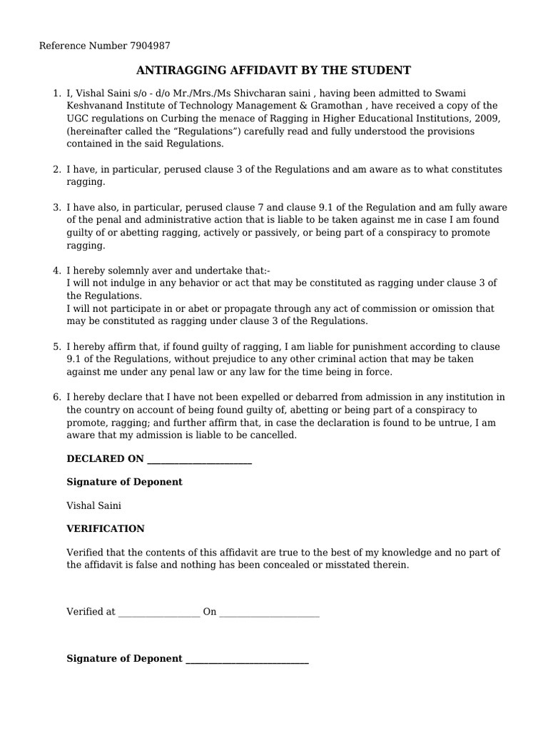 Anti-Ragging Affidavit Form | PDF | Affidavit | Justice