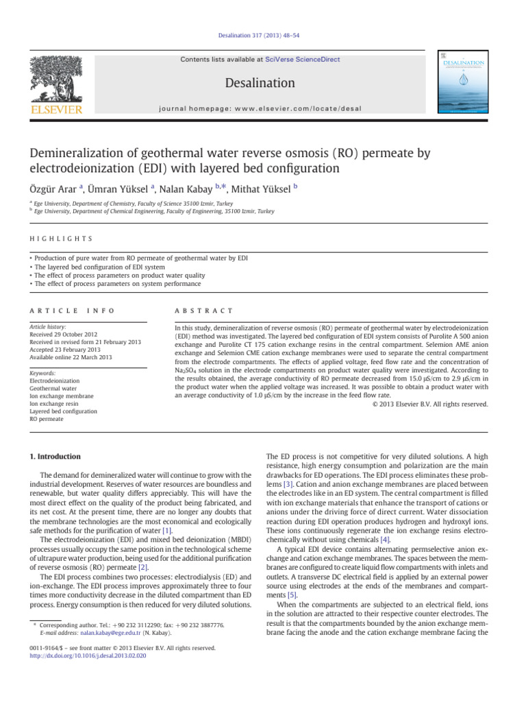 Demineralization of Geothermal Water Reverse Osmosis (RO) Permeate by ...
