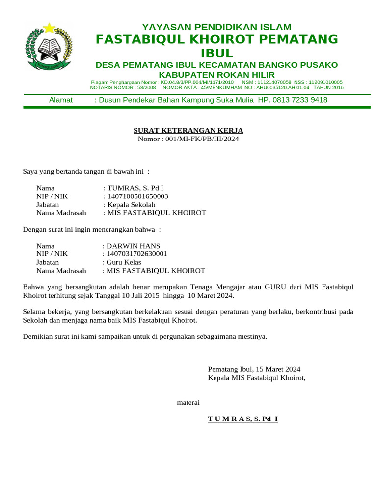 Surat Keterangan Kerja Darwin Hans | PDF