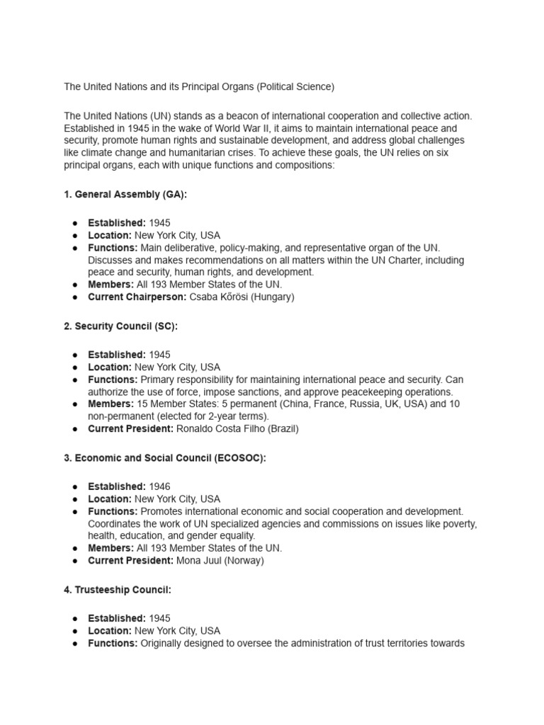 Explain UN and Its Pricipal Organs (Political Science) (In Organs of Un ...