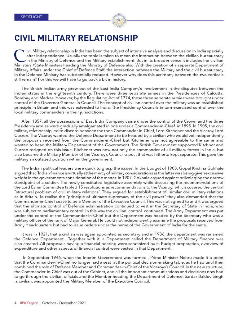 India Civil-Military Relations History | PDF | Commander In Chief ...