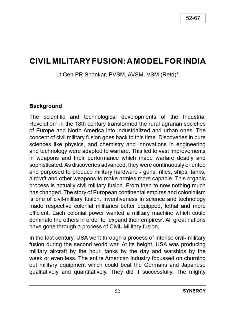 Civil Military Fusion A Model For India by LT Gen PR Shankar Retd | PDF ...