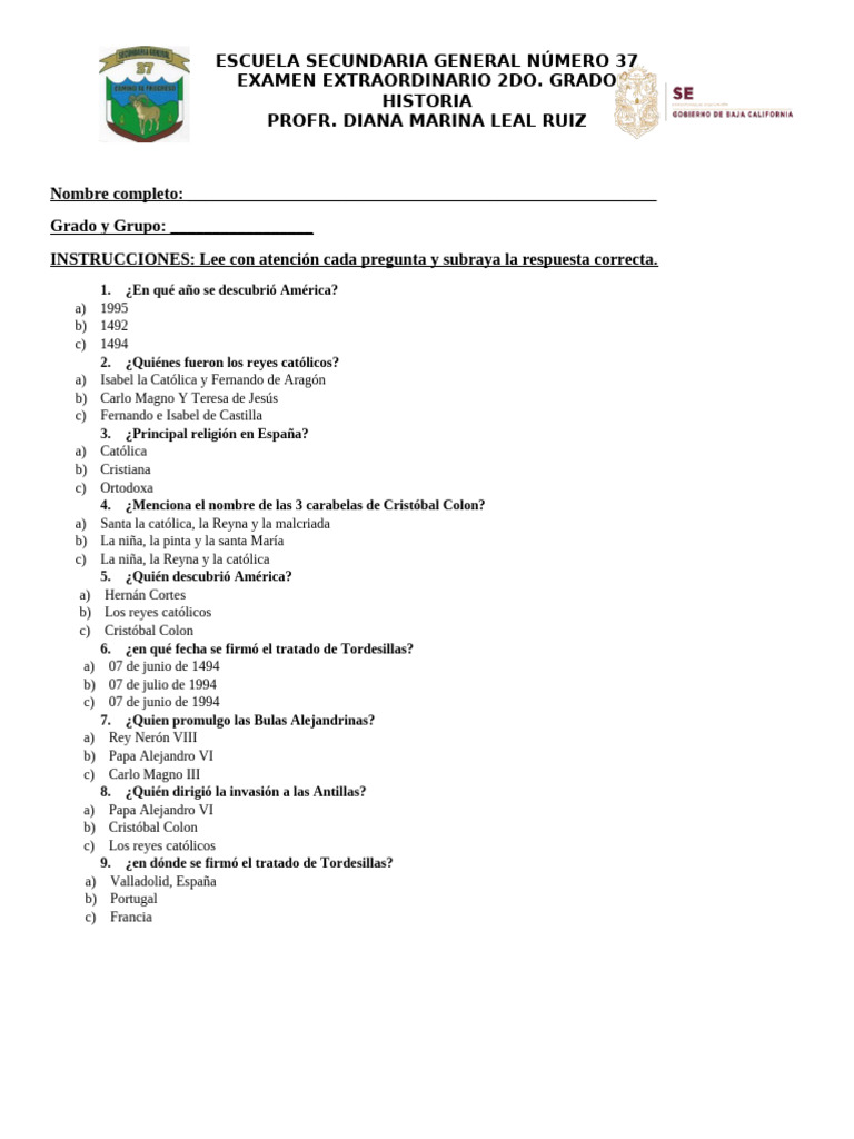 Examen Extraordinario 2do Historia | PDF | México