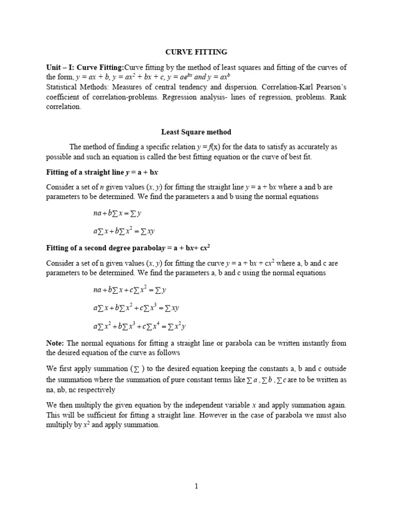 Unit 1 - Curve Fitting & Statistical Methods | PDF | Linear Regression | Equations