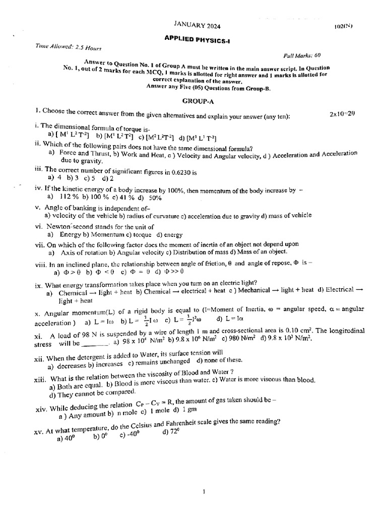 Diploma 1 Sem Applied Physics 1 102 N Jan 2024 | PDF