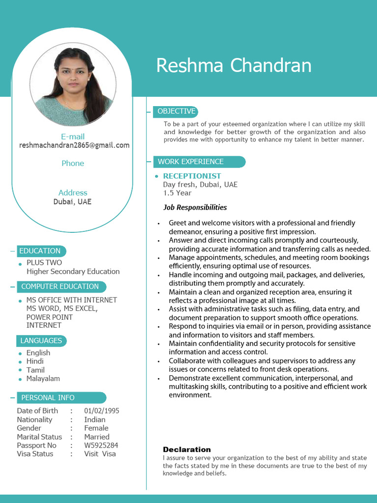 Reshma Chandran Receptionist | PDF | Computing