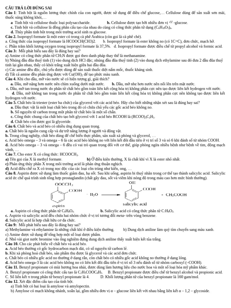CÂU TRẢ LỜI ĐÚNG SAI TRẢ LỜI NGẮN HOÁ 12 GK1 Ngay 29-10 | PDF