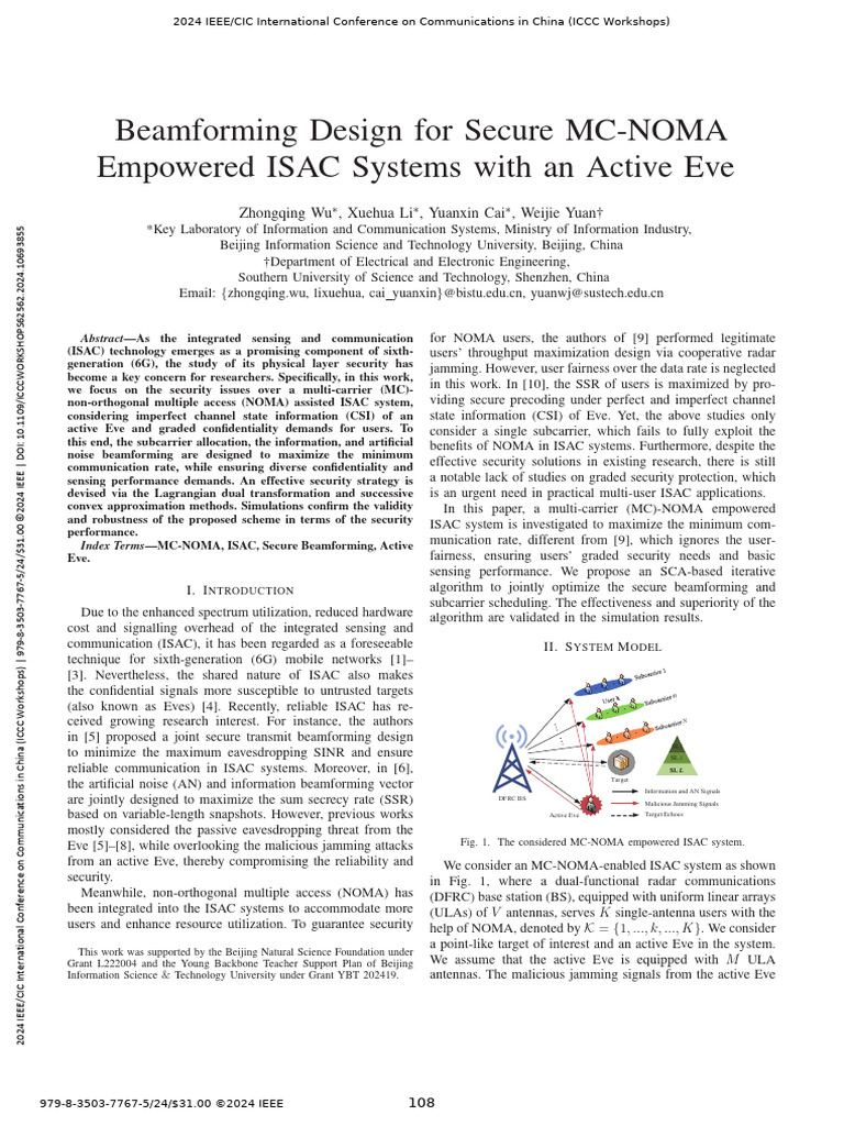 Beamforming Design For Secure MC-NOMA Empowered ISAC Systems With An Active Eve | PDF ...
