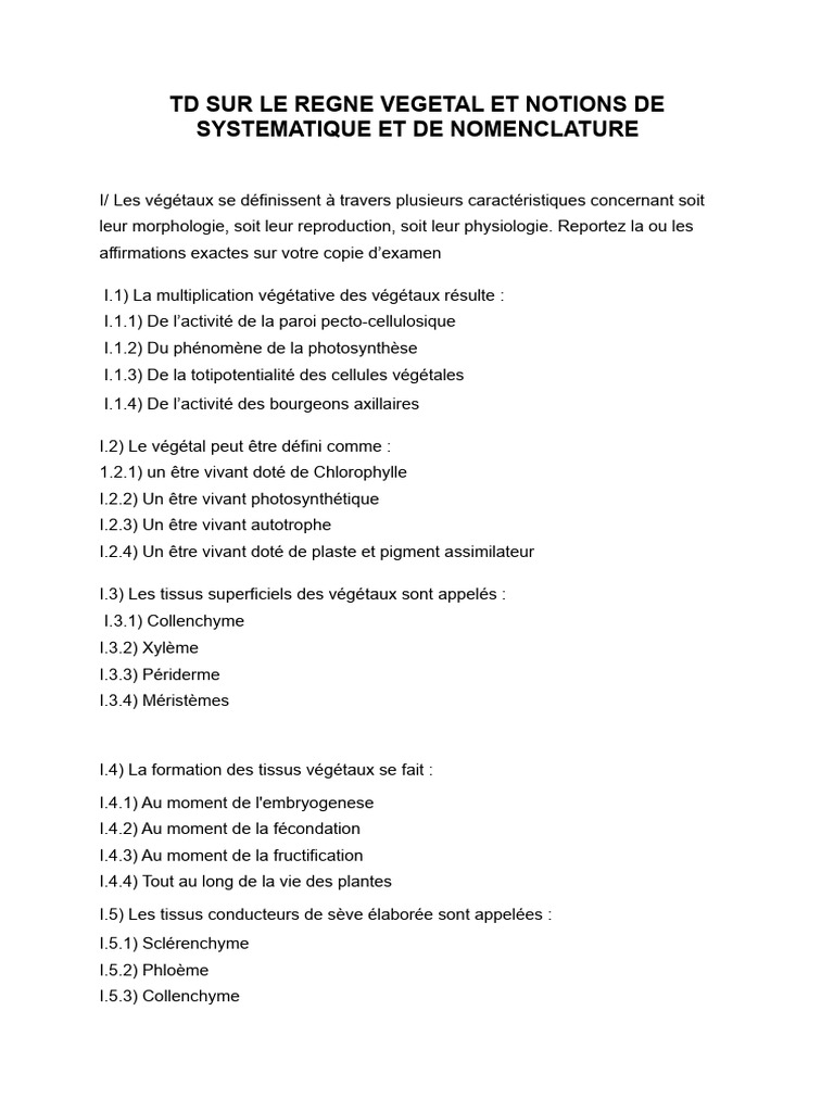 TD Sur Le Regne Vegetal Et Notions de Systematique Et de Nomenclature ...