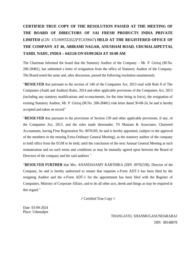 Board Resolution: Auditor Resignation | PDF