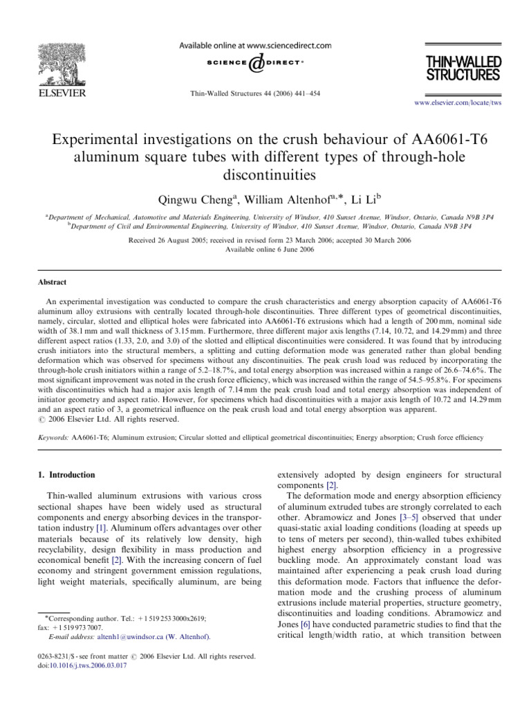Experimental Investigations On The Crush Behaviour of AA6061-T6 ... Experimental Investigations On The Crush Behaviour of AA6061-T6 ...