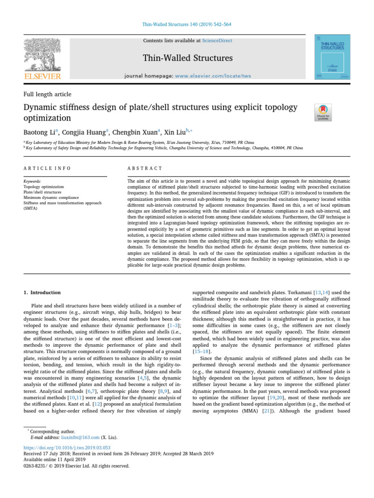Dynamic Stiffness Design of Plate or Shell Structures Using Explicit Topology Optimization | PDF ...