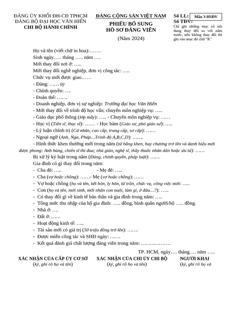 Mau - Phieu Bo Sung HS Đang Vien 2 | PDF