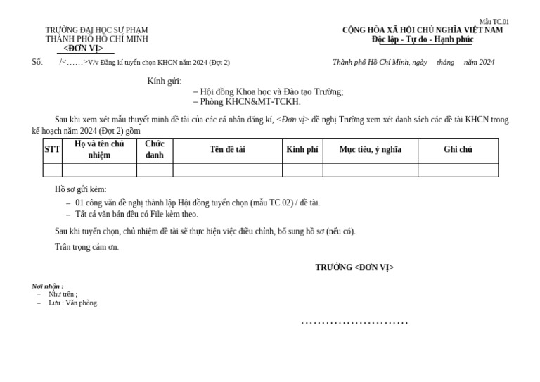 TC01-don VI Gui Danh Sach Cac de Tai Dang Ky - 2024 | PDF