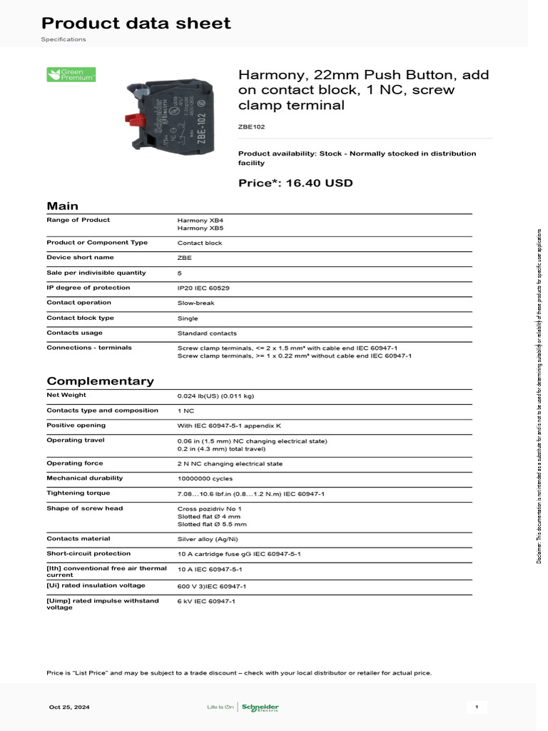 Schneider Electric Harmony XB4 ZB4 Metal Push Buttons ZBE102 | PDF