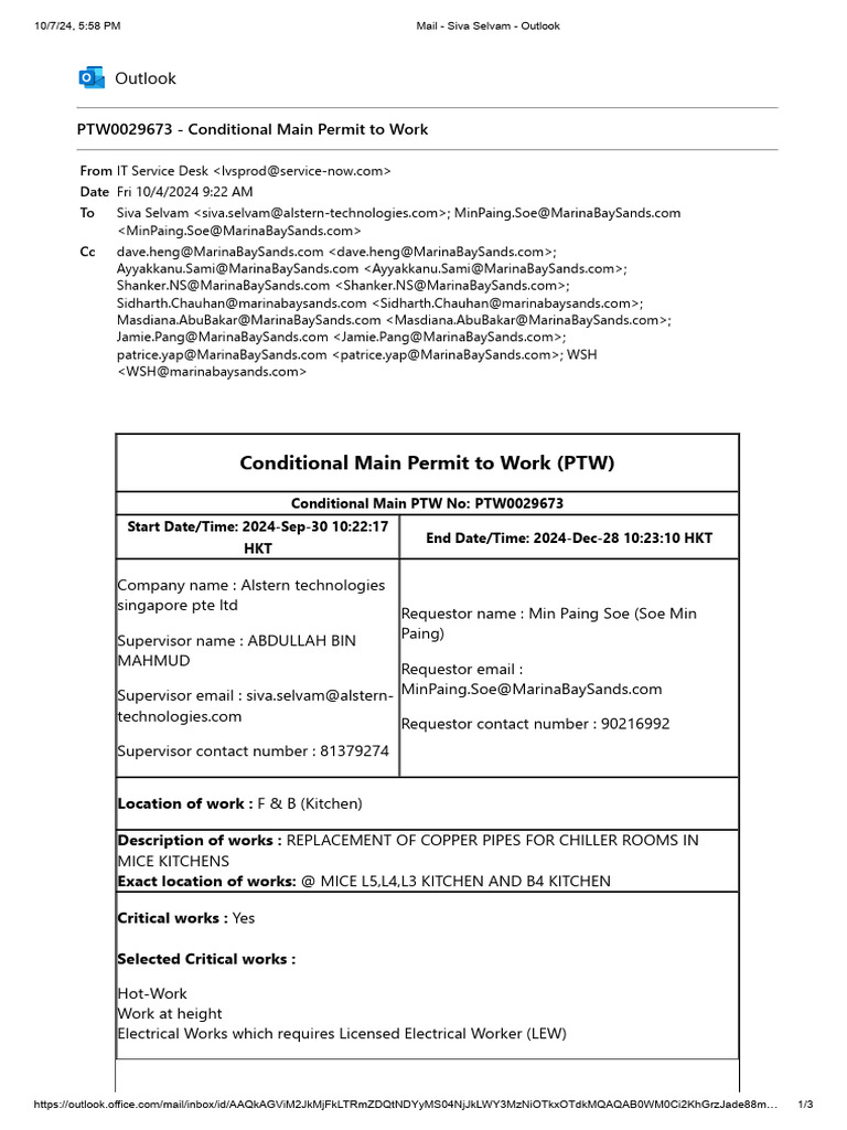 PTW0029673 - Conditional Main Permit To Work-COPPER PIPE | PDF | Workplace | Working Conditions