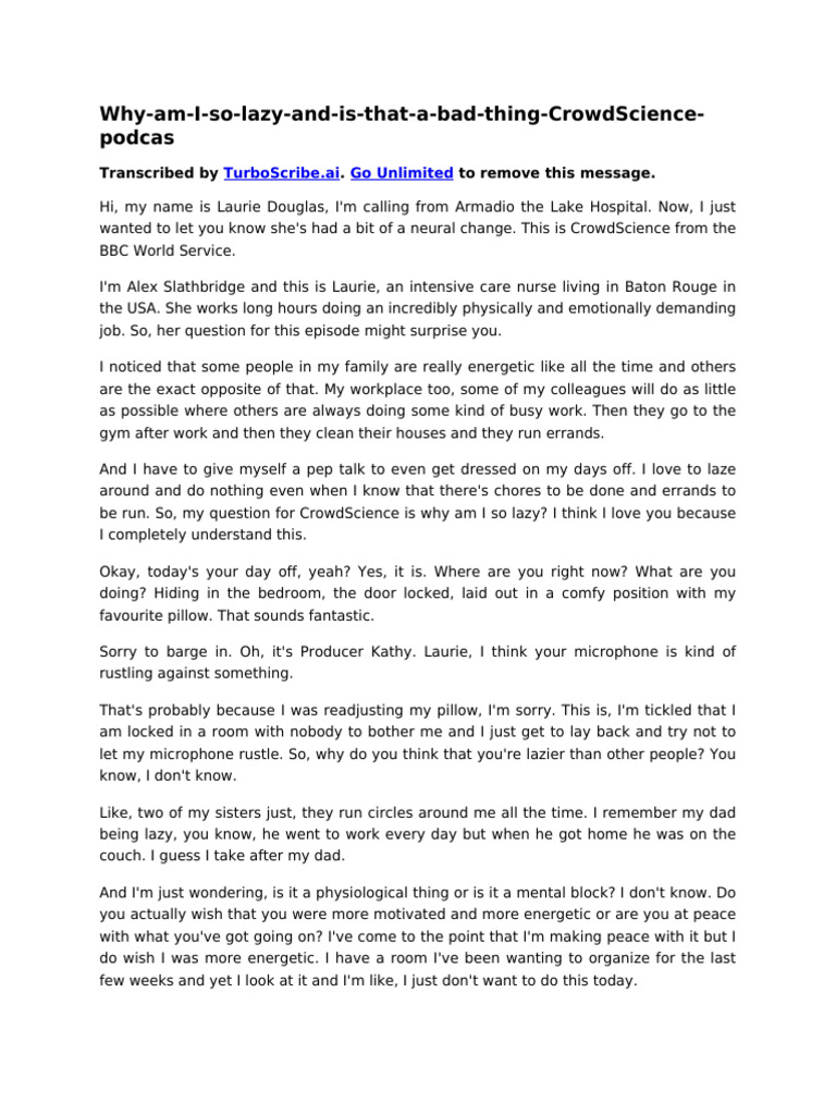 Why Am I So Lazy and Is That A Bad Thing CrowdScience Podcas | PDF ...
