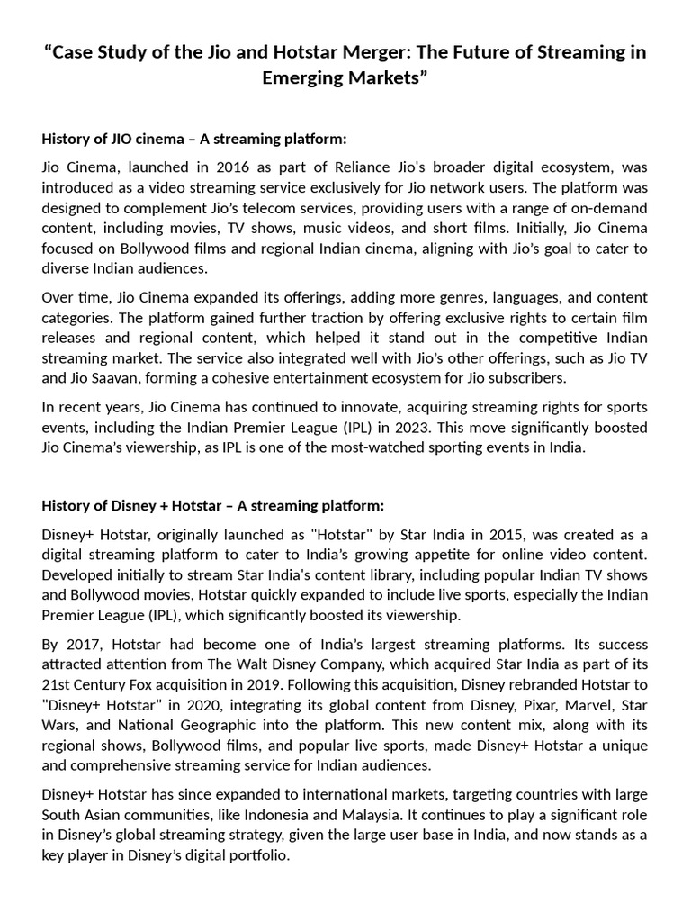 Case Study of The Jio and Hotstar Merger | PDF | Pay Television | The Walt Disney Company